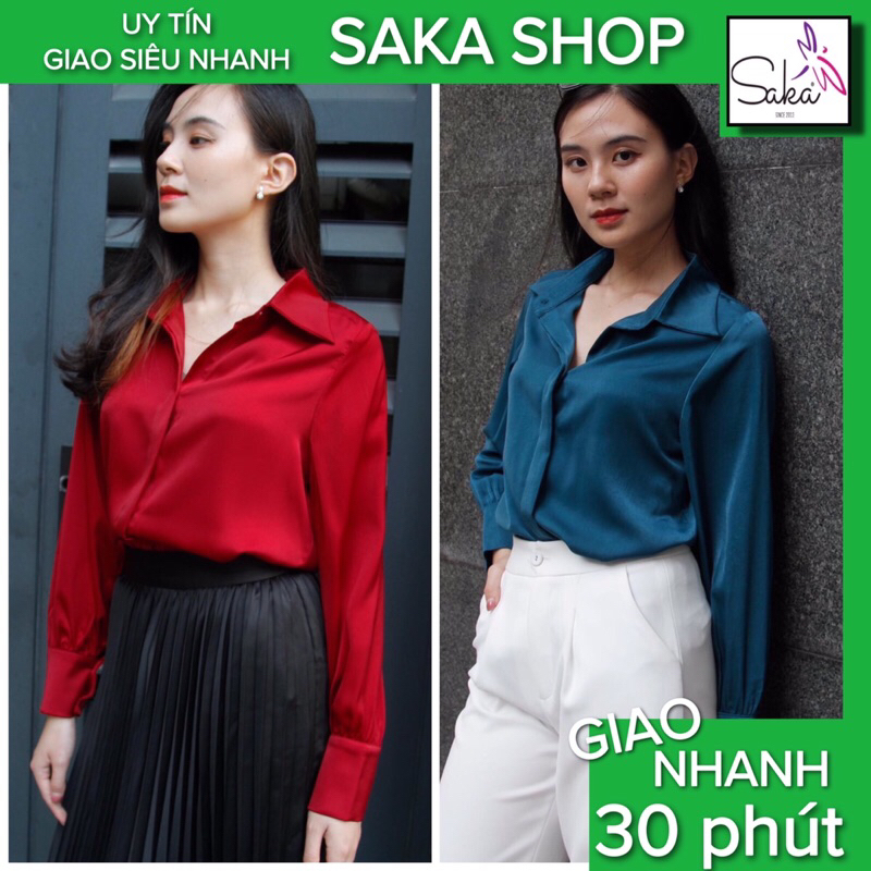 Áo sơ mi lụa nữ satin tay dài trơn nhiều màu công sở SaKa Shop | Shopee ...