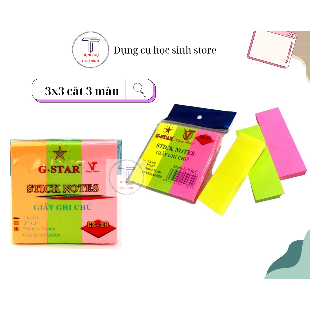 Giấy note/ghi chú màu dạ quang GS36 khổ 3x3 hiệu GSTAR (cắt 3,4,5 màu) | Shopee Việt Nam