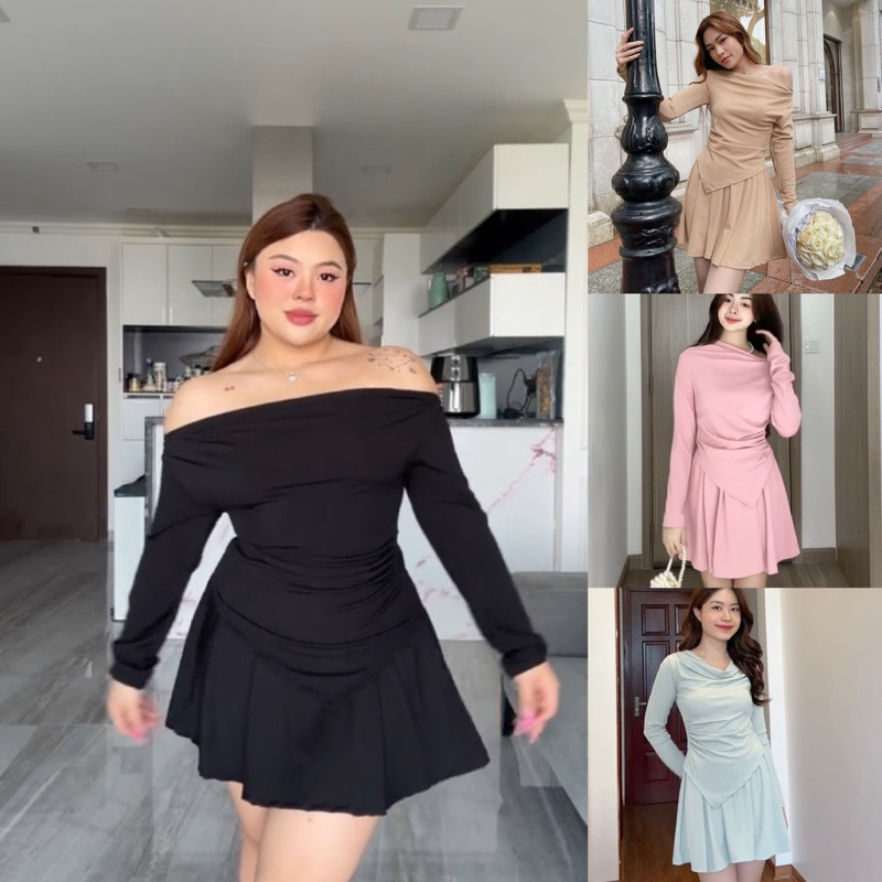 Áo tay dài và chân váy ngắn thun đen/hồng/be/xanh - Audrey Studio ...