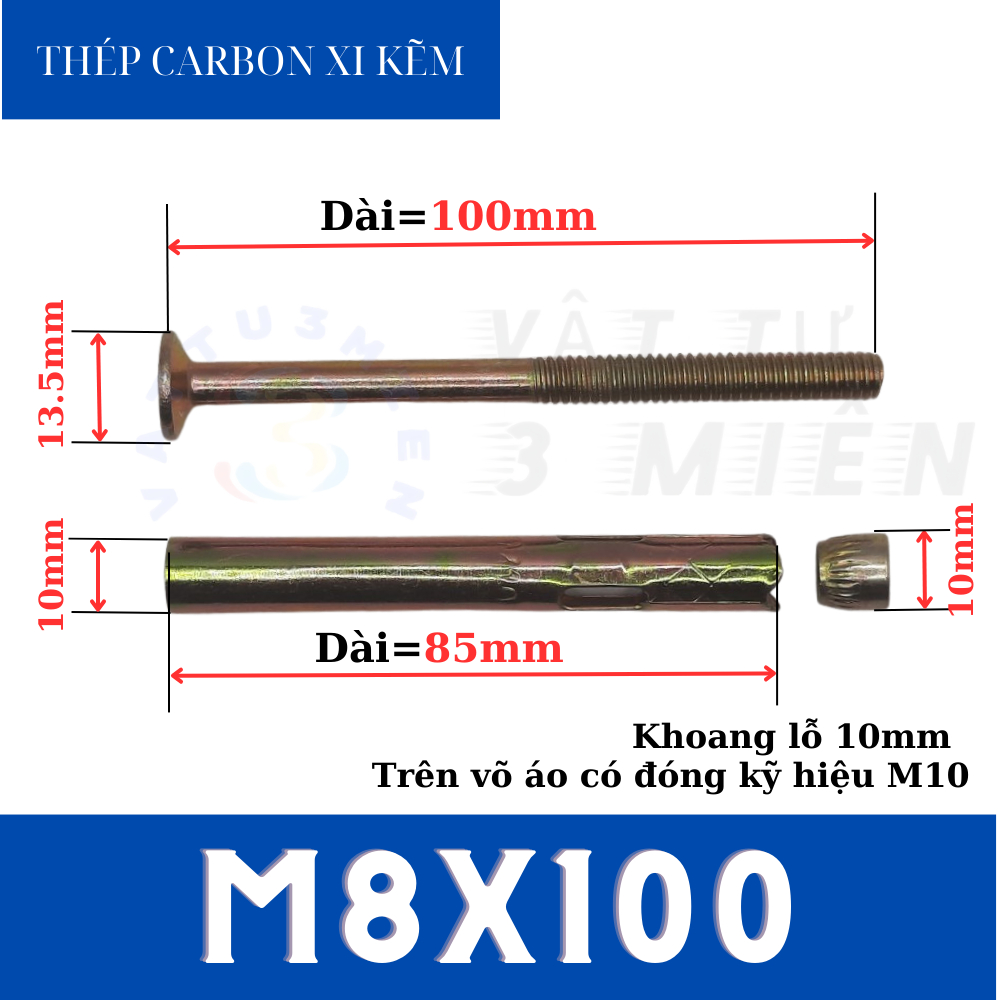 Tắc kê nở M10x100/M8x100 đầu vít ba ke sắt xi kẽm ( Bu lông nở đầu vít ...