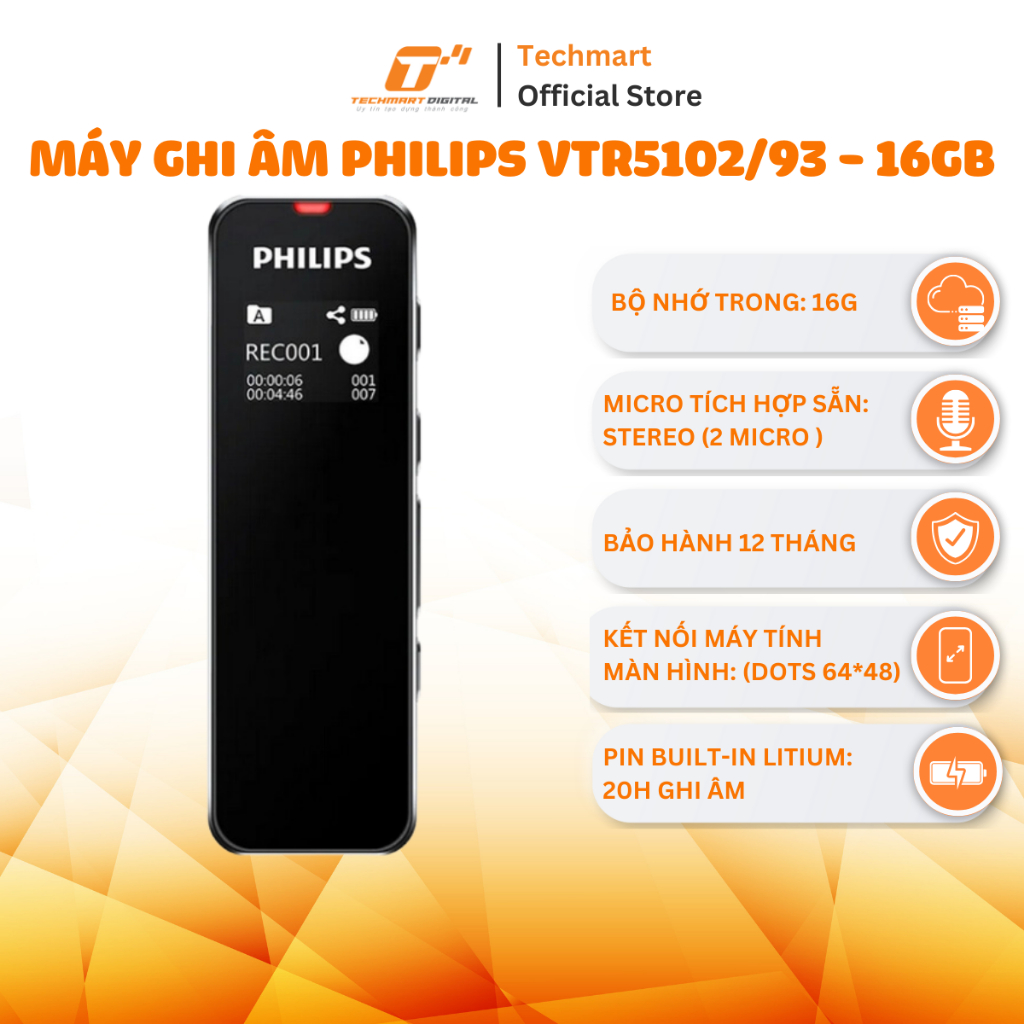 Máy ghi âm PHILIPS VTR5102/93 - 16GB, micro tích hợp sẵn: stereo (2 ...