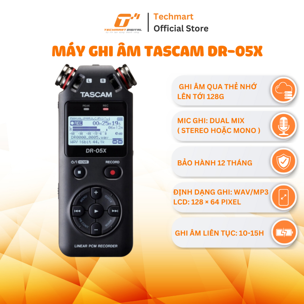 Máy ghi âm Tascam DR-05X, Ghi âm qua thẻ nhớ gắn ngoài đến 128G, mic ...
