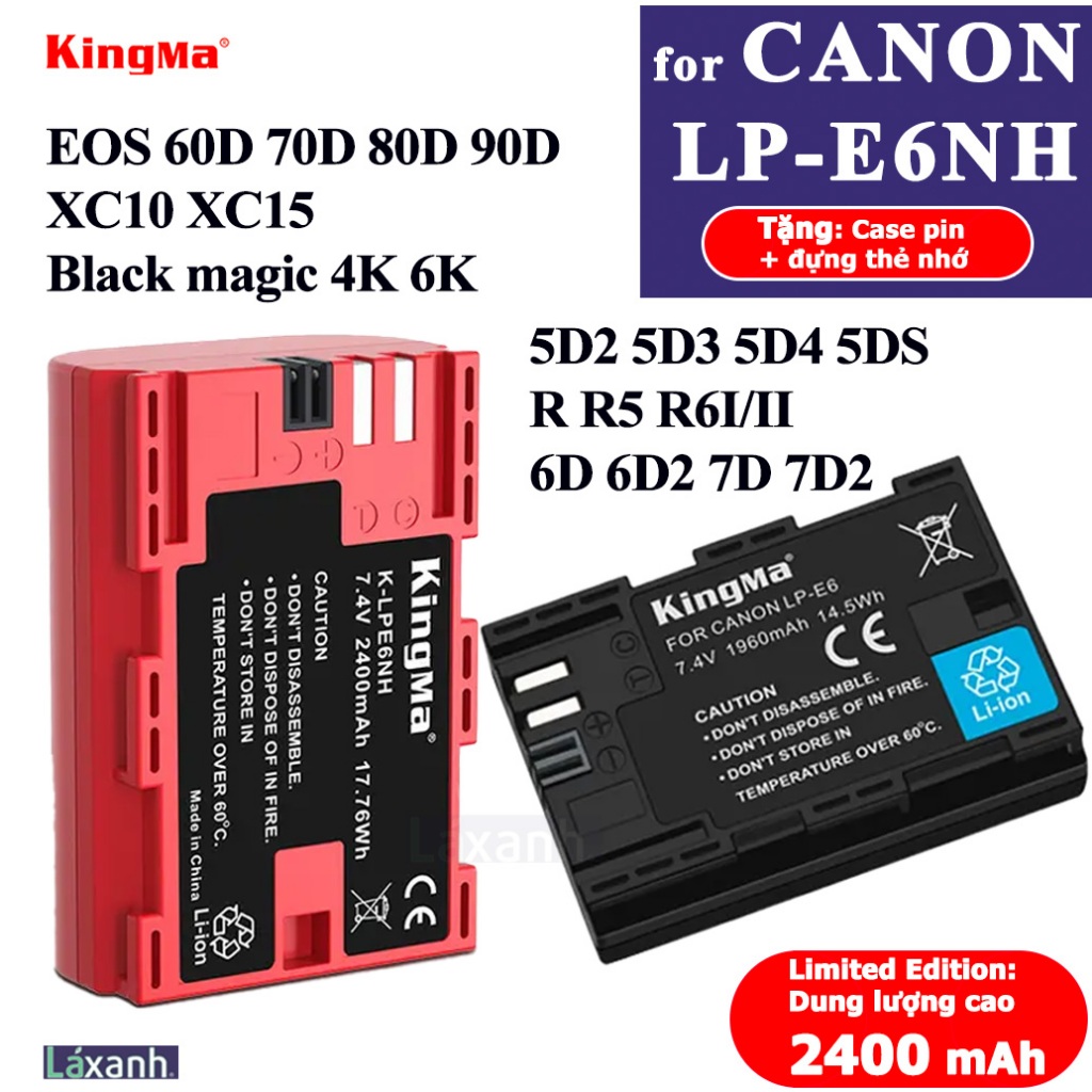 Pin dung lượng cao Canon LP-E6NH LPE6 DLC 2400mAh Canon EOS R R5 R6 5D2 5D3 5D4 6D 6D2 7D 60D ...