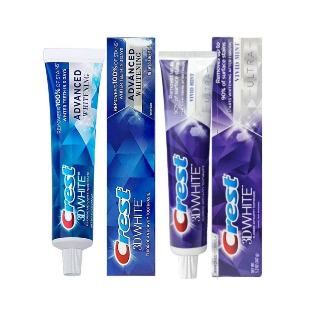 Kem đánh răng Crest 3D White Advanced whitening 147g (Xanh) & Crest 3D White Vivid MInt Ultra ...