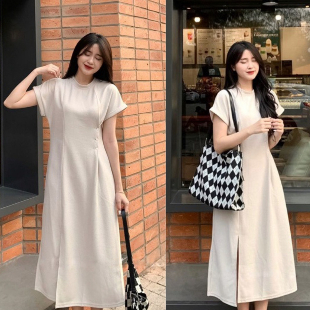 Đầm váy bigszie cô nhỏ nữ dáng xuông cổ tròn tay ngắn chất vải gân tăm nỉ co giãn dành cho nàng ...