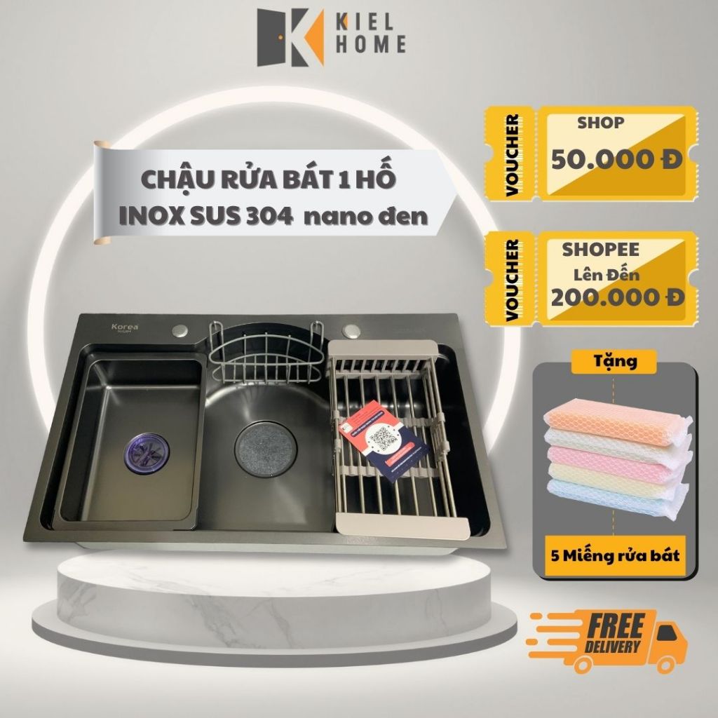 Chậu rửa bát 1 hố Inox SUS 304 phủ nano kích thước 75x46cm, bồn rửa chén bán nguyệt bảo hành 5 ...