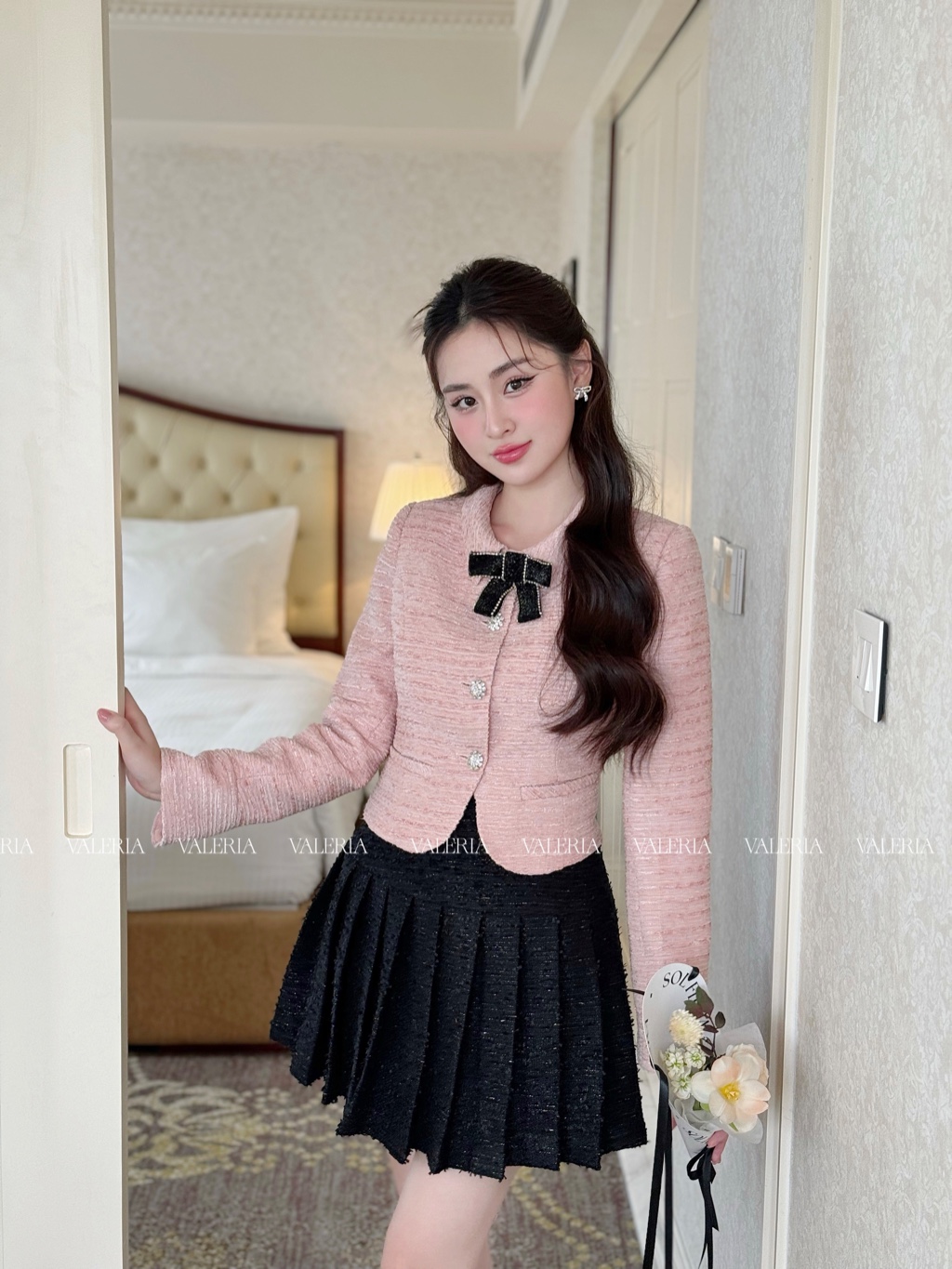 Áo khoác dạ tweed hồng cúc đá tiểu thư Mimi Jacket (tặng kèm nơ cài áo ...