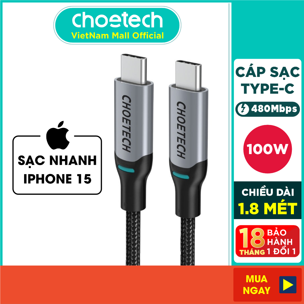 Dây Cáp Sạc Type C To C 100w 1 8m Sạc Nhanh Iphone 15 Android Macbook