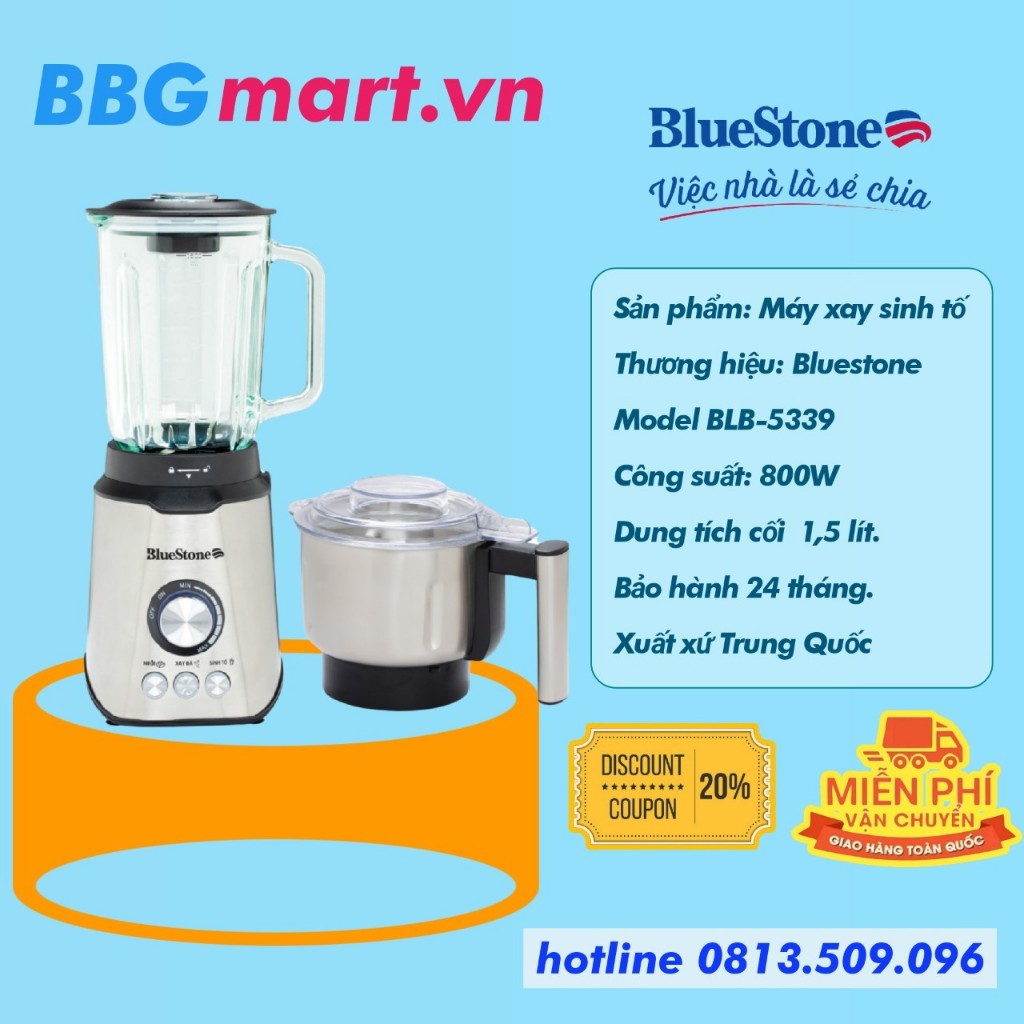 Máy Xay Sinh Tố BlueStone BLB-5339, 800W Cối Thủy Tinh Và Inox 304, Xay được hạt và đá, Hàng ...