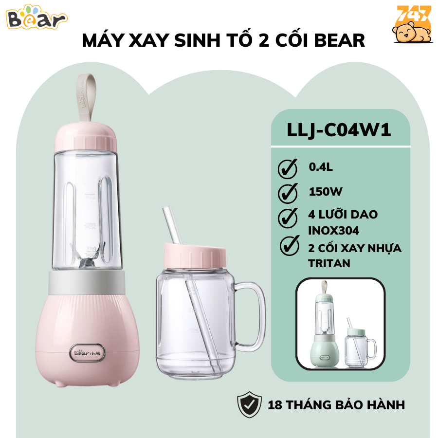 Máy Xay Sinh Tố Cầm Tay 0.4L Mini Bear LJJ-C04W1, Xay Hoa Quả Công Suất Lớn, Chính Hãng, BH 18 ...