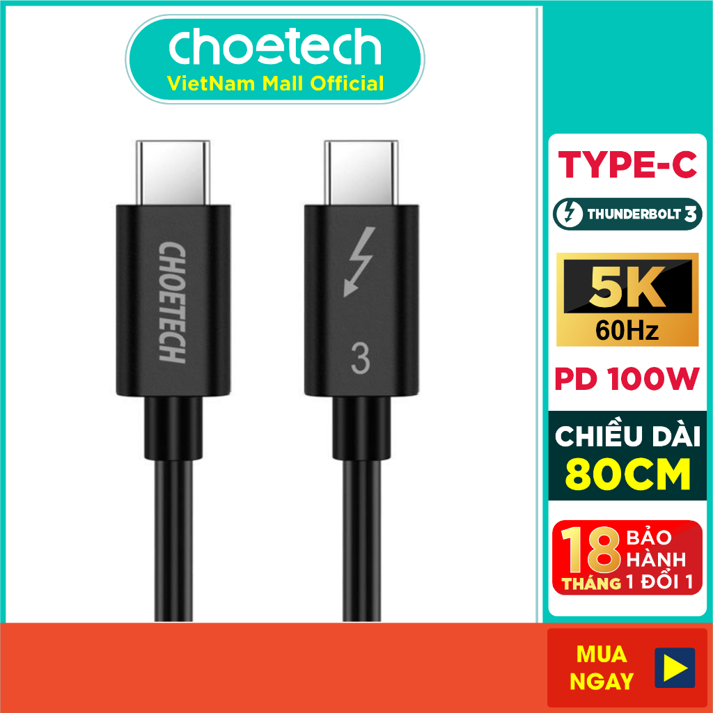 Dây Cáp Type C To C Thunderbolt 3 Dài 80cm Sạc Nhanh 100W 40Gbps 5K ...