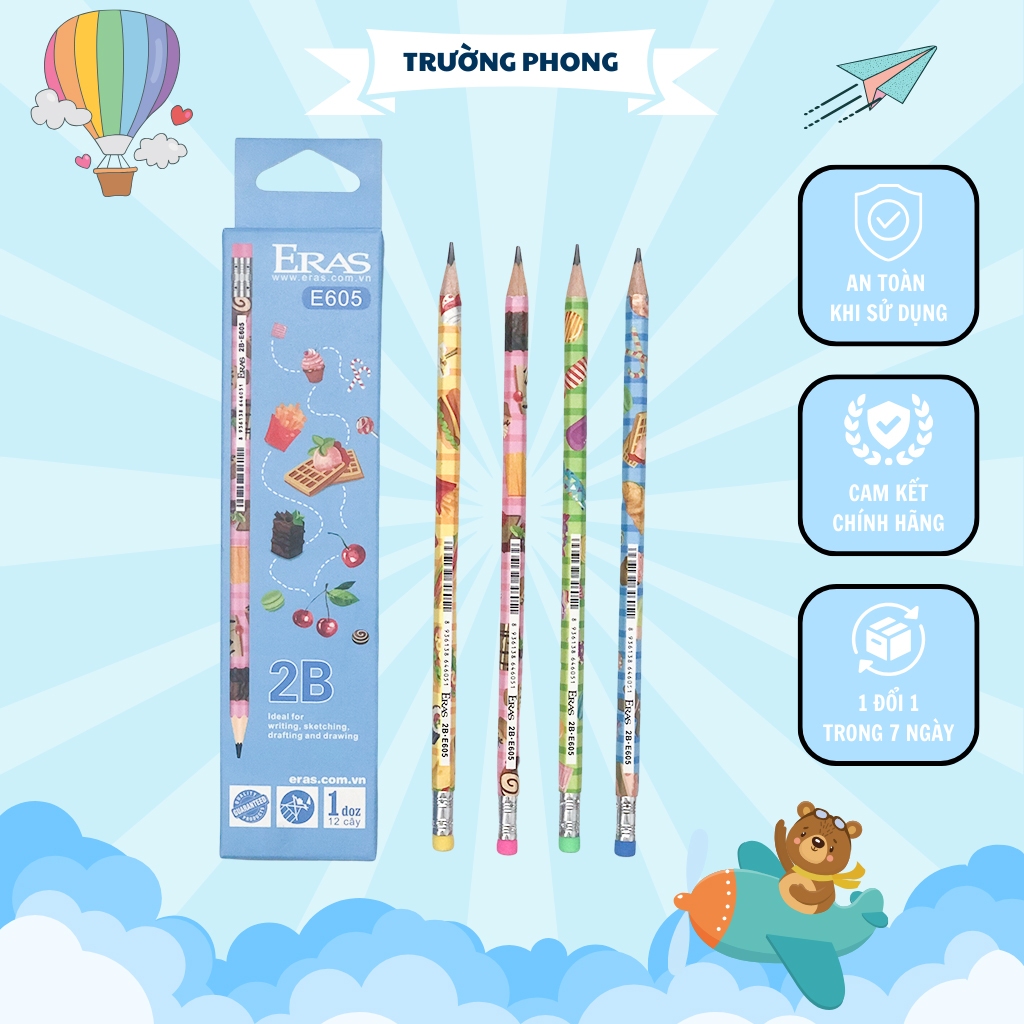 Combo 1 Hộp 12 Bút Chì Gỗ Có Tẩy 2B ERAS - Nét Bút Mịn, Ngòi Chắc Chắn, Dùng Để Luyện Chữ Cho ...