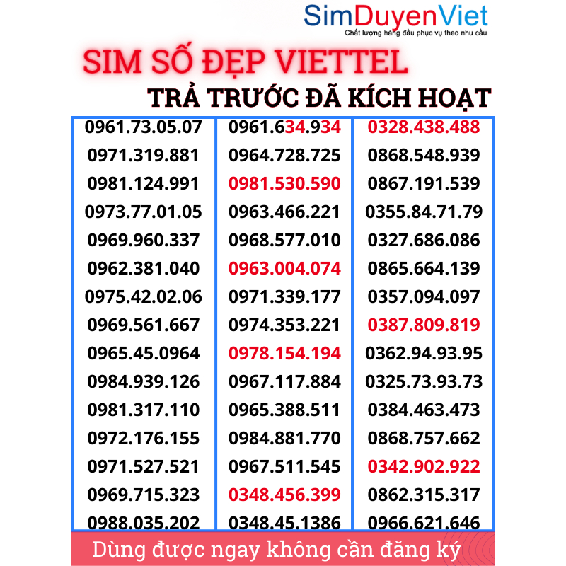 Sim Số đẹp viettel nghe gọi - 4G đã đăng ký kích hoạt không cần đăng ký ...