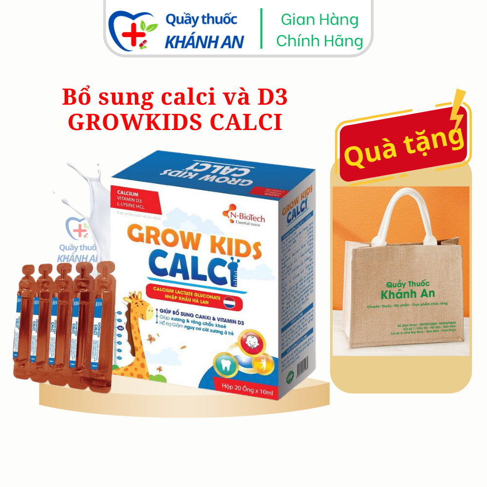 Grow Kids Calci (20 ống) bổ sung canxi, vitamin D3, xương chắc khỏe, phòng ngừa còi xương, loãng ...