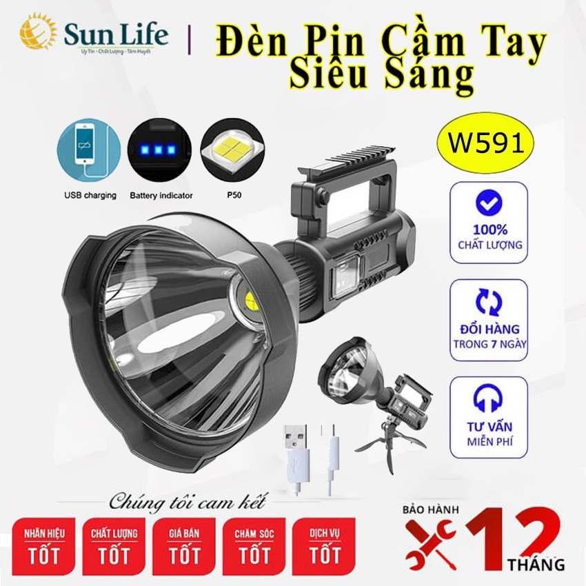 Đèn pin cầm tay siêu sáng w591 chiếu xa 1000m chống thấm nước có chân đế, đèn pin tuần tra ...