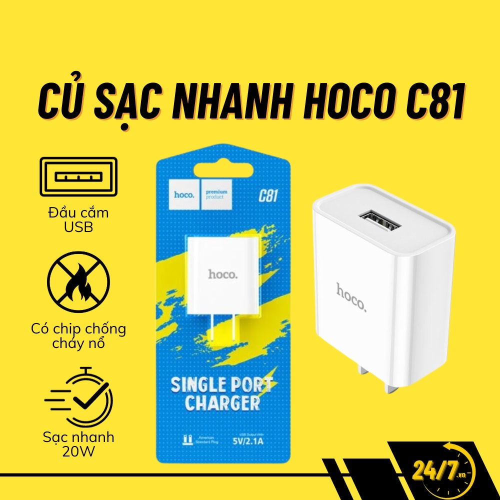Củ Sạc Nhanh Hoco C81 - Củ Sạc Nhanh 2.1A 1 cổng sạc USB chất liệu PVC An toàn dành cho điện ...