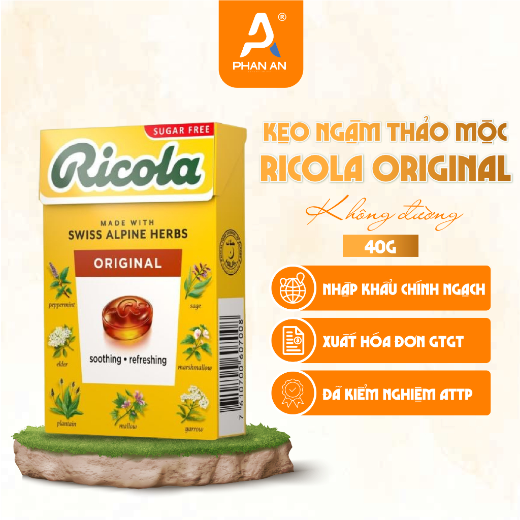 Kẹo ngậm ho thảo dược Ricola original 40g, Kẹo ngậm Ricola, Kẹo ngậm đau họng không đường Phan ...