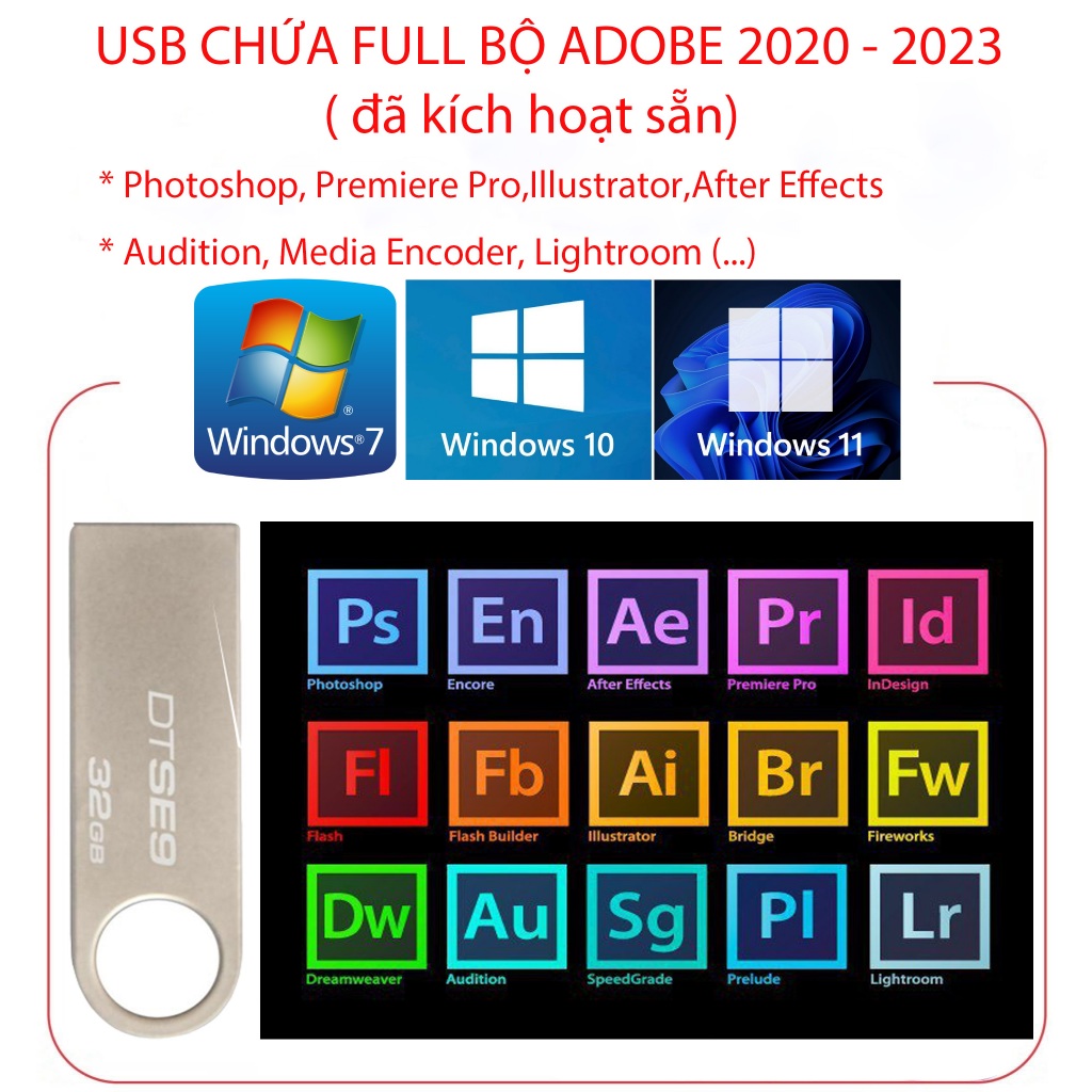 USB chứa trọn bộ ADOBE 2020 và 2023 ( photoshop, ai, premiere ...