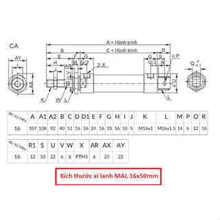Xi lanh khí nén tròn Mall 16x25, 16x50, 16x75, 16x100, 16x150, 16x175 ...