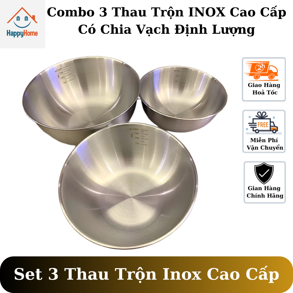 Set 3 thau trộn inox cao cấp, thau inox trộn bột ướp thịt đựng canh có vạch chia định lượng tiện ...