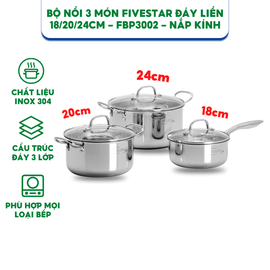 BỘ NỒI 3 MÓN FIVESTAR ĐÁY LIỀN 18CM/20CM/24CM - FBP3002 - NẮP KÍNH - HÀNG CHÍNH HÃNG | Shopee ...