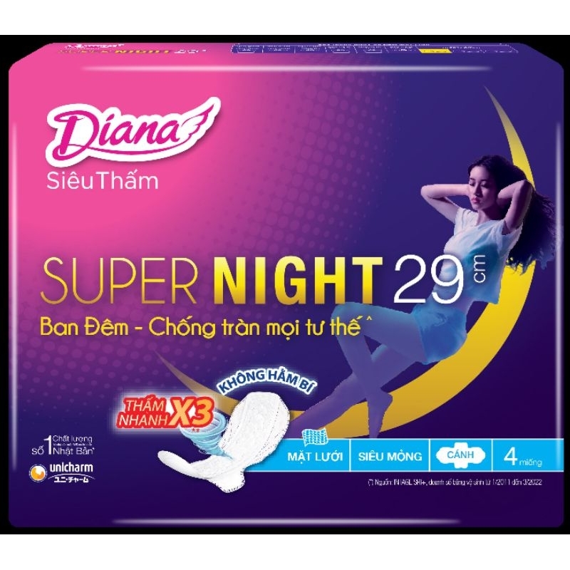 BVS BĂNG VỆ SINH DIANA SIÊU THẤM SUPERNIGHT BAN ĐÊM 29CM 4M/ 12M ...