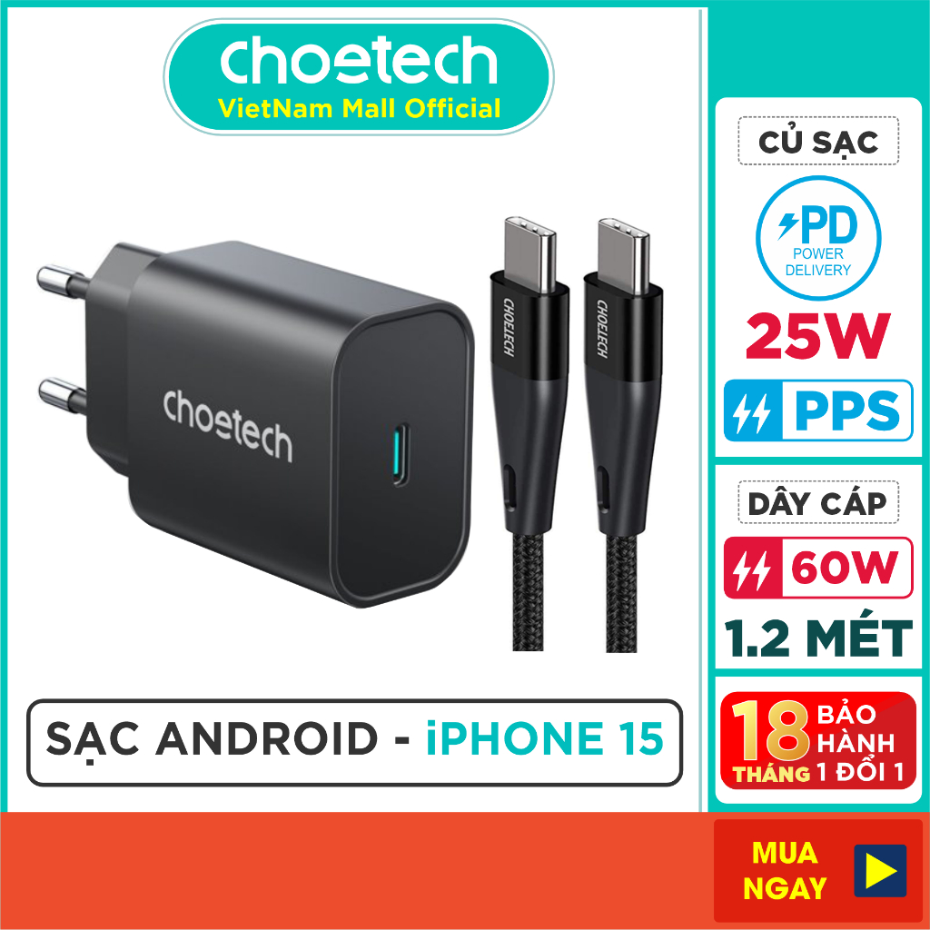 Bộ Củ Sạc Nhanh PPS 25W CHOETECH PD6003 Và Cáp Type C 60W Dài 1.2m XCC-1003 Cho Điện Thoại ...