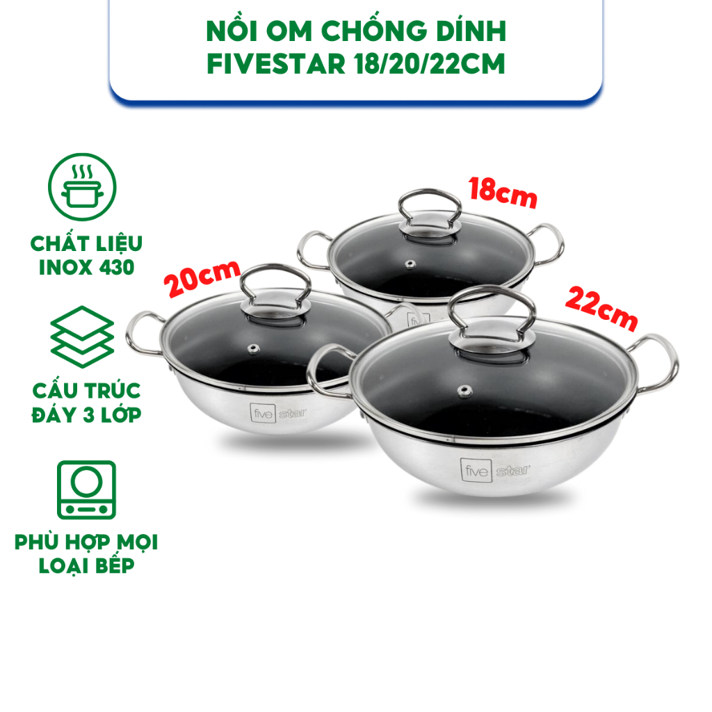 Nồi om chống dính 3 đáy Fivestar Size 18cm/20cm/22cm - Hàng Chính Hãng | Shopee Việt Nam