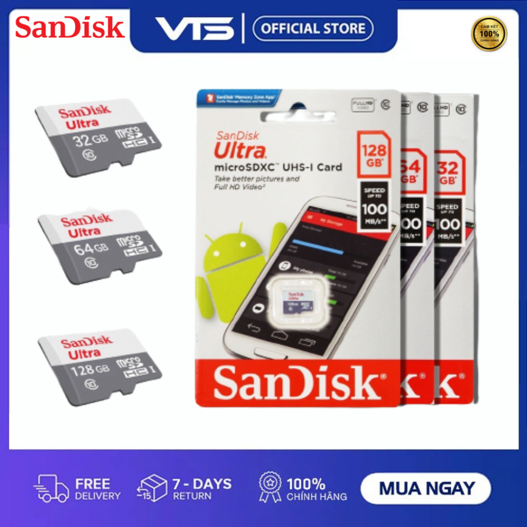 Thẻ nhớ micro SDHC/XC Sandisk 32GB/64GB/128GB upto 100MB/s, Class 10 ...