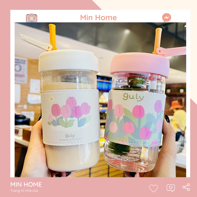 Cốc thuỷ tinh 400ml hoa tulip ly trong suốt chịu nhiệt có nắp và ống ...