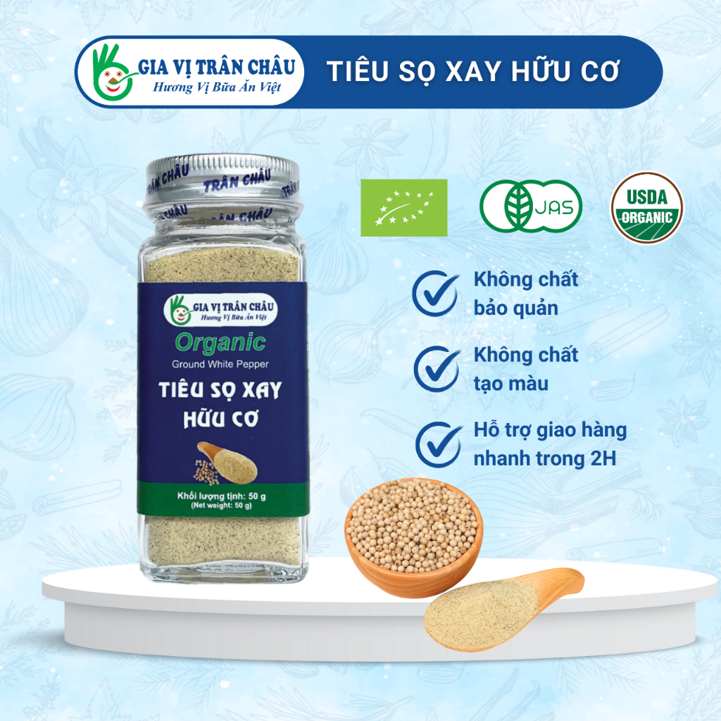 Tiêu sọ xay hữu cơ Miss Vietspice 50g, sạch nguyên chất 100%, đóng hũ thủy tin, hương hơm nồng ...