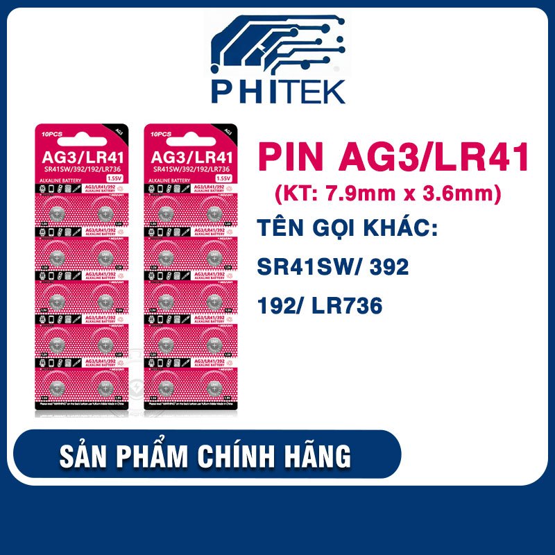 Pin nút cúc áo AG3/LR41 Alkaline 1.55V chính hãng PHITEK | Shopee Việt Nam
