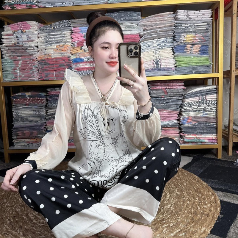 Bộ ngủ Gấu bi đen dài tay,tay voan bèo,lụa mịn tơ.tằm của 2CE | Shopee Việt Nam