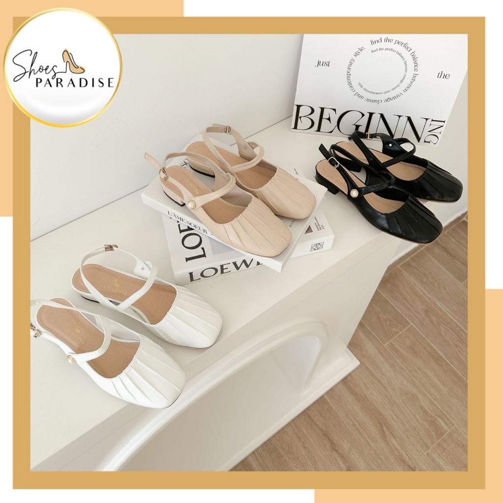 (FORM NHỎ NHÍCH LÊN 1 SIZE) Giày búp bê bít mũi nữ 2 phân đế vuông hở gót cao 2cm màu đen trắng ...