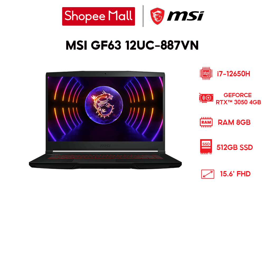 Laptop Gaming MSI GF63 12UC-887VN i7-12650H | 8GB | 512GB | RTX™ 3050 ...
