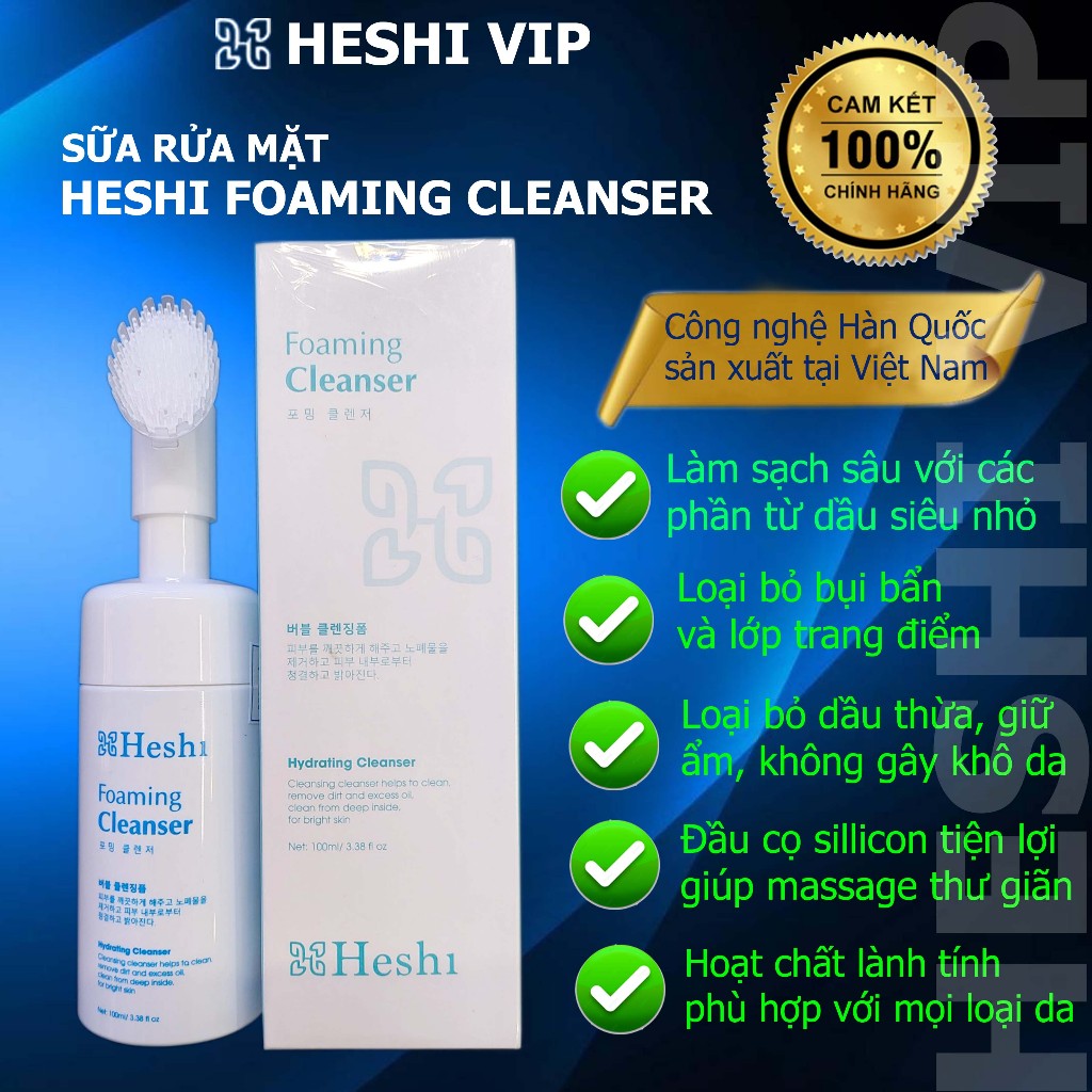 Sữa rửa mặt Heshi Foaming Cleanser 100ml với đầu cọ silicon làm sạch ...