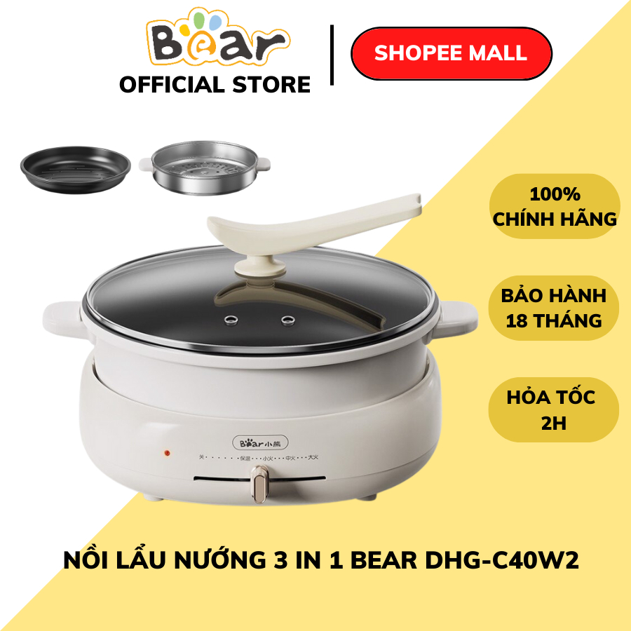 Nồi lẩu nướng điện 3 in 1 đa năng 4L Bear DHG- C40W2, 1500W, Hấp-Nấu Canh-Nhúng lẩu- Nướng, BH ...