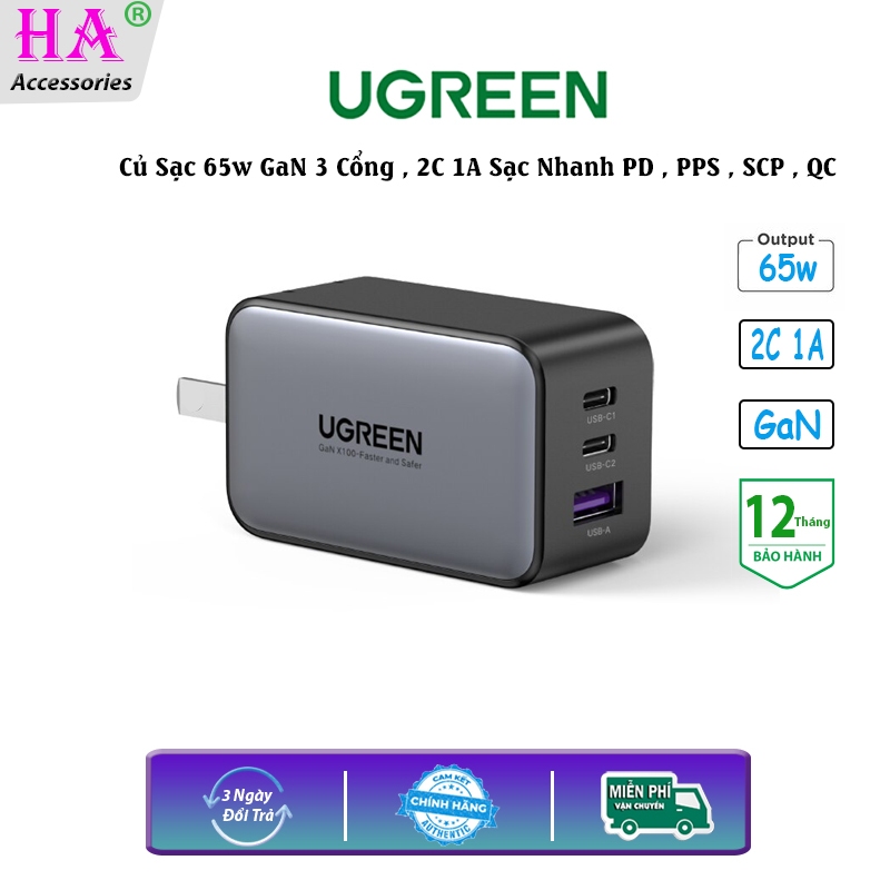 Củ Sạc Ugreen 65w GaN 3 Cổng , 2C 1A Sạc Nhanh PD , PPS , SCP , QC Cho Điện Thoại , Laptop ...