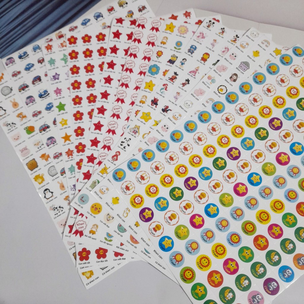 Sticker khen thưởng học sinh, tờ a4 có 154 hình dạng decal bóc dán ...