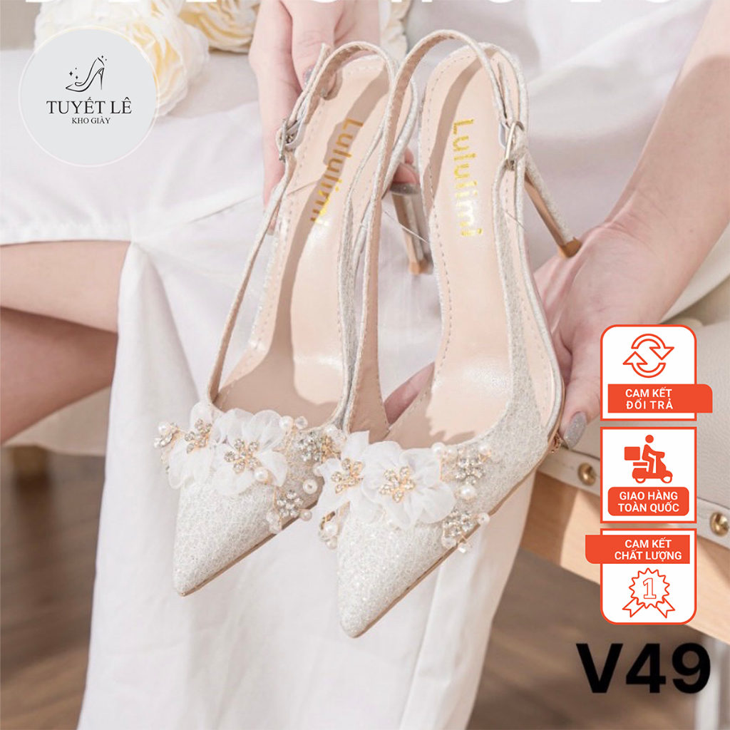 Giày cô dâu quai hậu nơ hoa đá V49 - Giày cao gót nữ 8cm bling sang ...