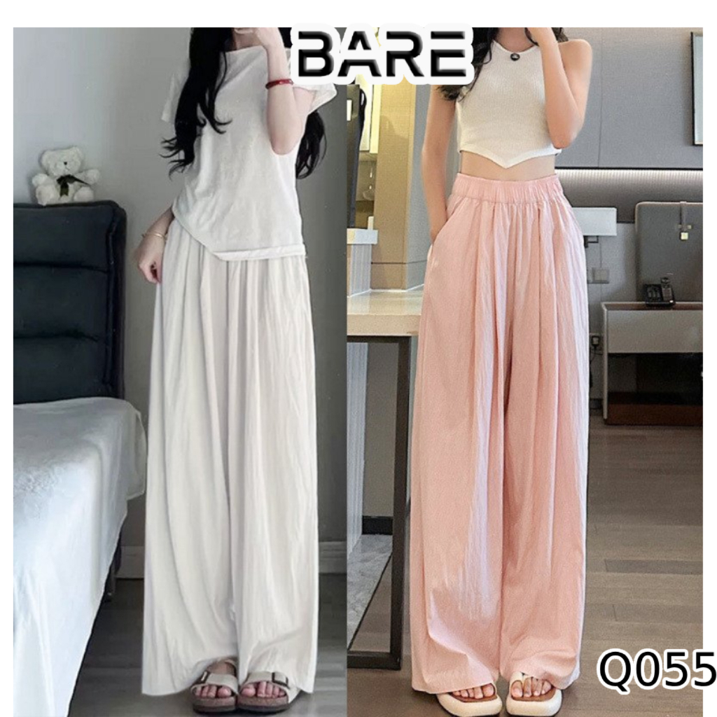 BARE_Quần Thun Dài Nữ Ống Rộng Nhăn Cạp Cao Chất Dù Gió Nhăn Siêu Hack Dáng -Q055, Q067 | Shopee ...