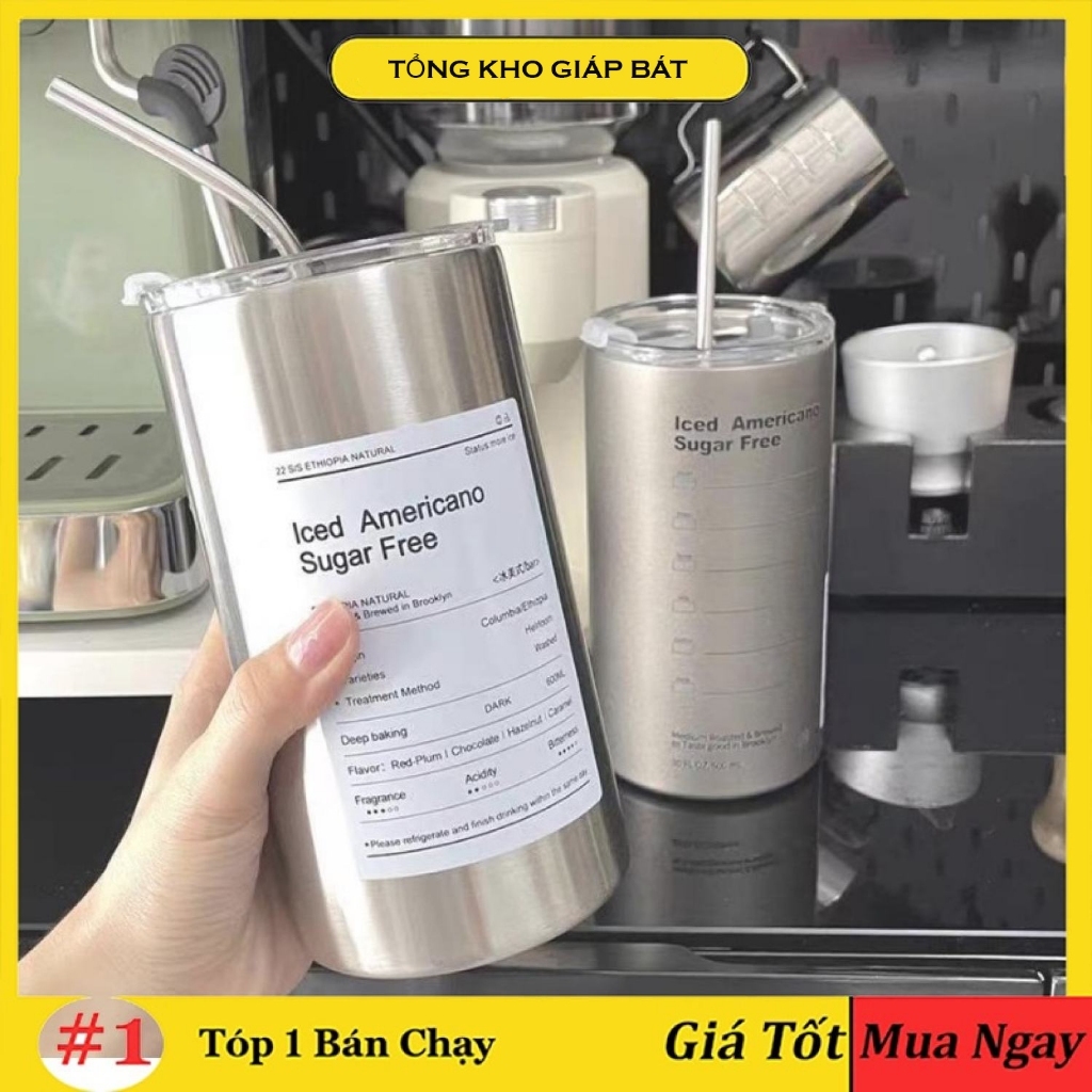 Bình đựng nước giữ nhiệt Iced Americano có ống hút dung tích 600ml, Ly cốc giữ nhiệt cute uống ...