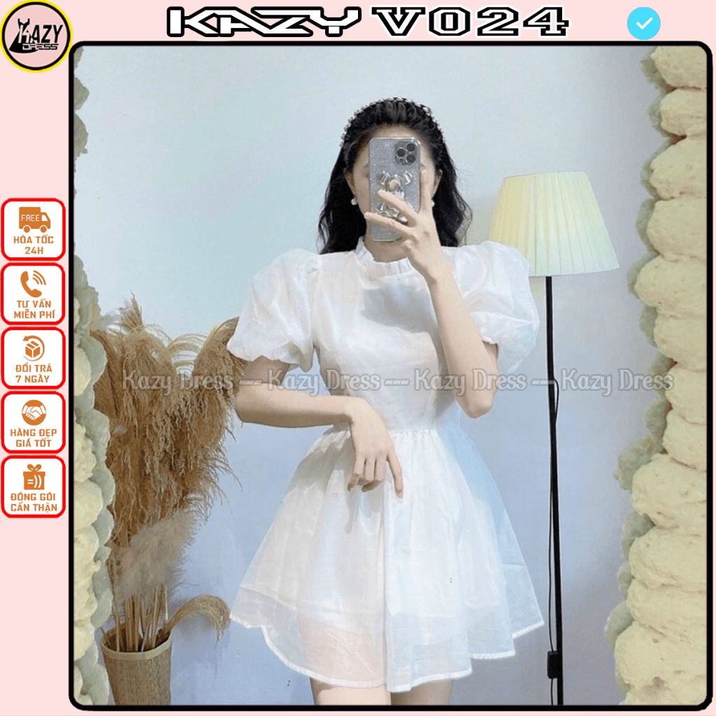 Đầm váy nữ cổ xếp ly tay phồng, Váy Babydoll tiểu thư KAZY STORE V024 | Shopee Việt Nam