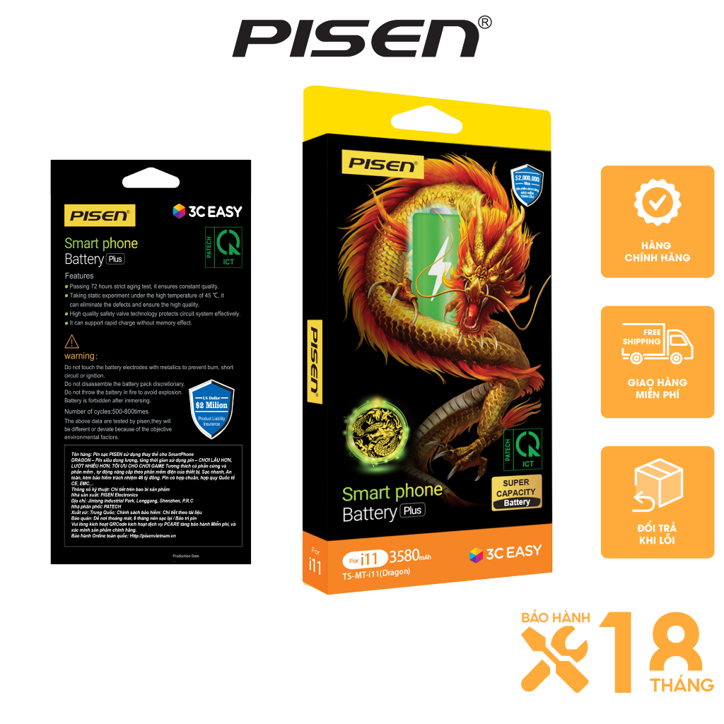 Pin Pisen Dragon Dung lượng siêu cao cho IP từ i6 tới iX Bảo hành 12 tháng - Hàng chính hãng ...