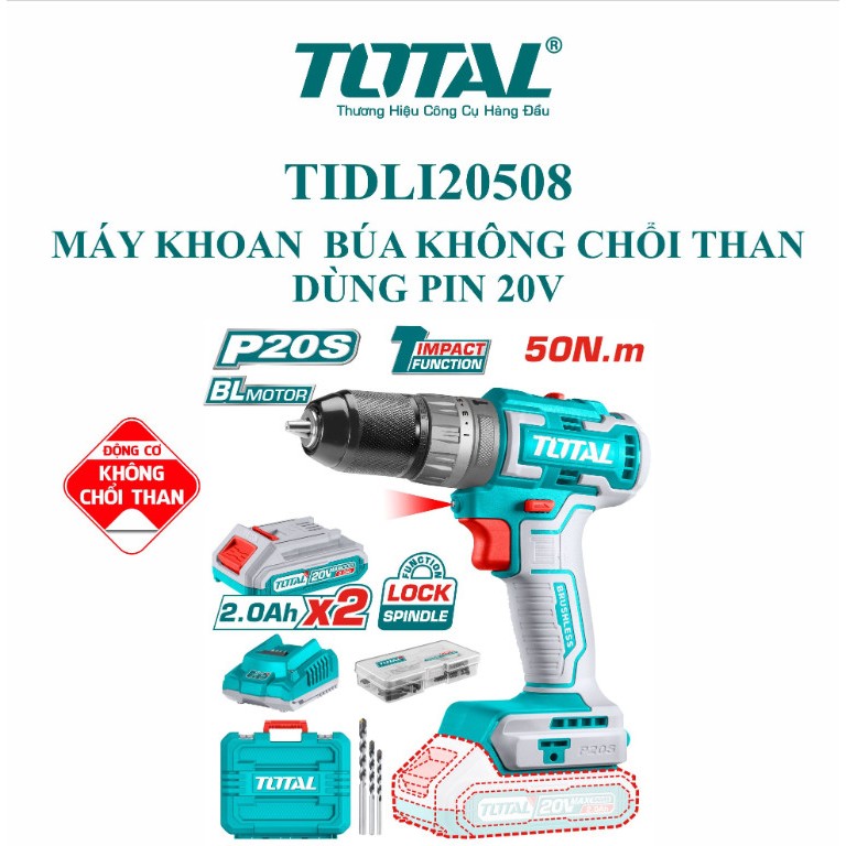 Máy khoan búa không chổi than dùng pin Lithium-Ion 20V TOTAL TIDLI20508 hàng chính hãng | Shopee ...