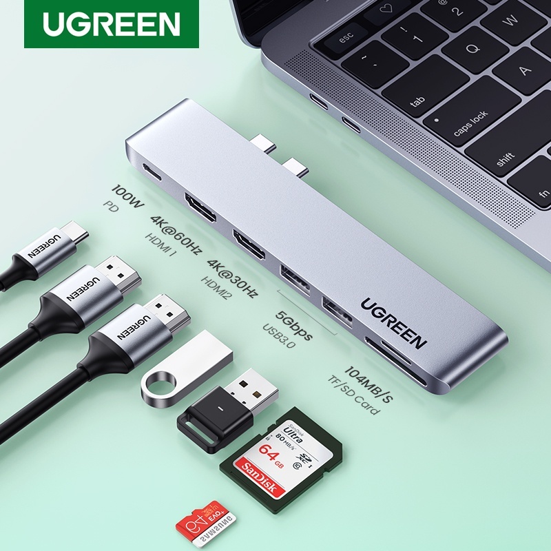 Cáp Chuyển Hub Ugreen 6 in 2 Dual Type C to HDMI+ 2USB 3.0+ Card Reader ...