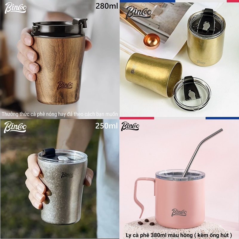 Ly cà phê inox 304 giữ nhiệt 2 lớp lót gốm. Cốc cà phê tiện lợi di động Bincoo 250ml, 280ml ...