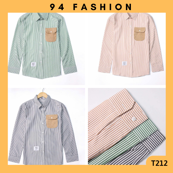MÃ T212 Áo sơ mi nam dài tay vải cotton sọc phối túi kiểu dáng cá tính ...