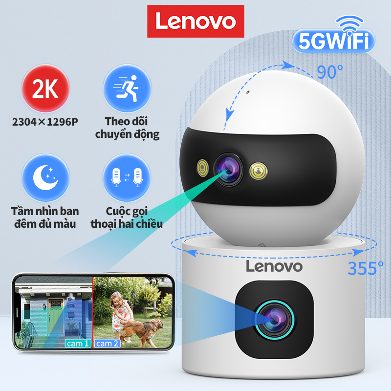 Lenovo 5G 2K camera 2 mắt ống kính kép Camera Wifi 360 độ Giám Sát ...