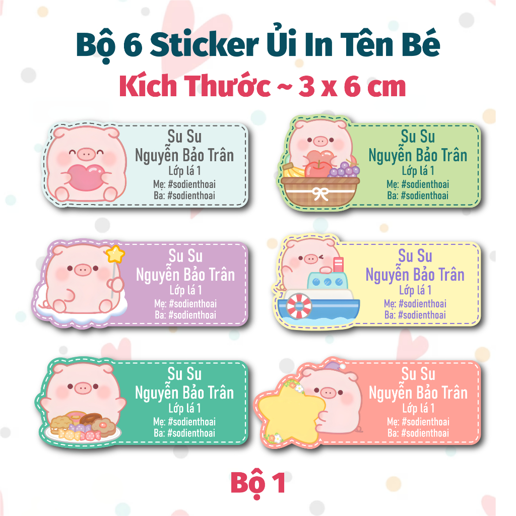 Bộ 6 Sticker Ủi In Tên Bé Mẫu Heo Cưng - Sticker Ủi Quần Áo, Ba lô ...